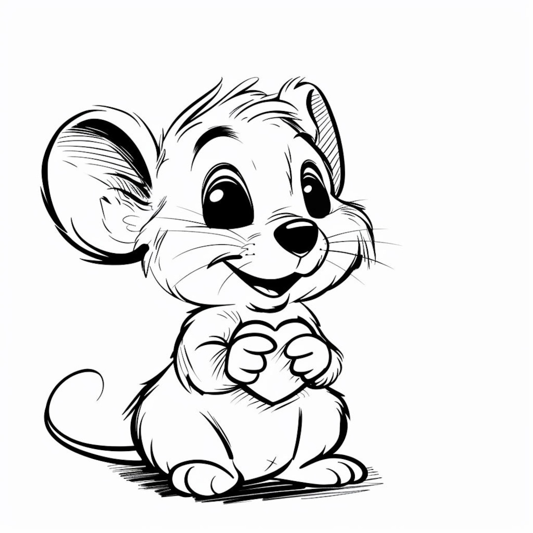 Mouse W/heart Line Art Black and White Bundle1 85 Digital Ai Line Art ...