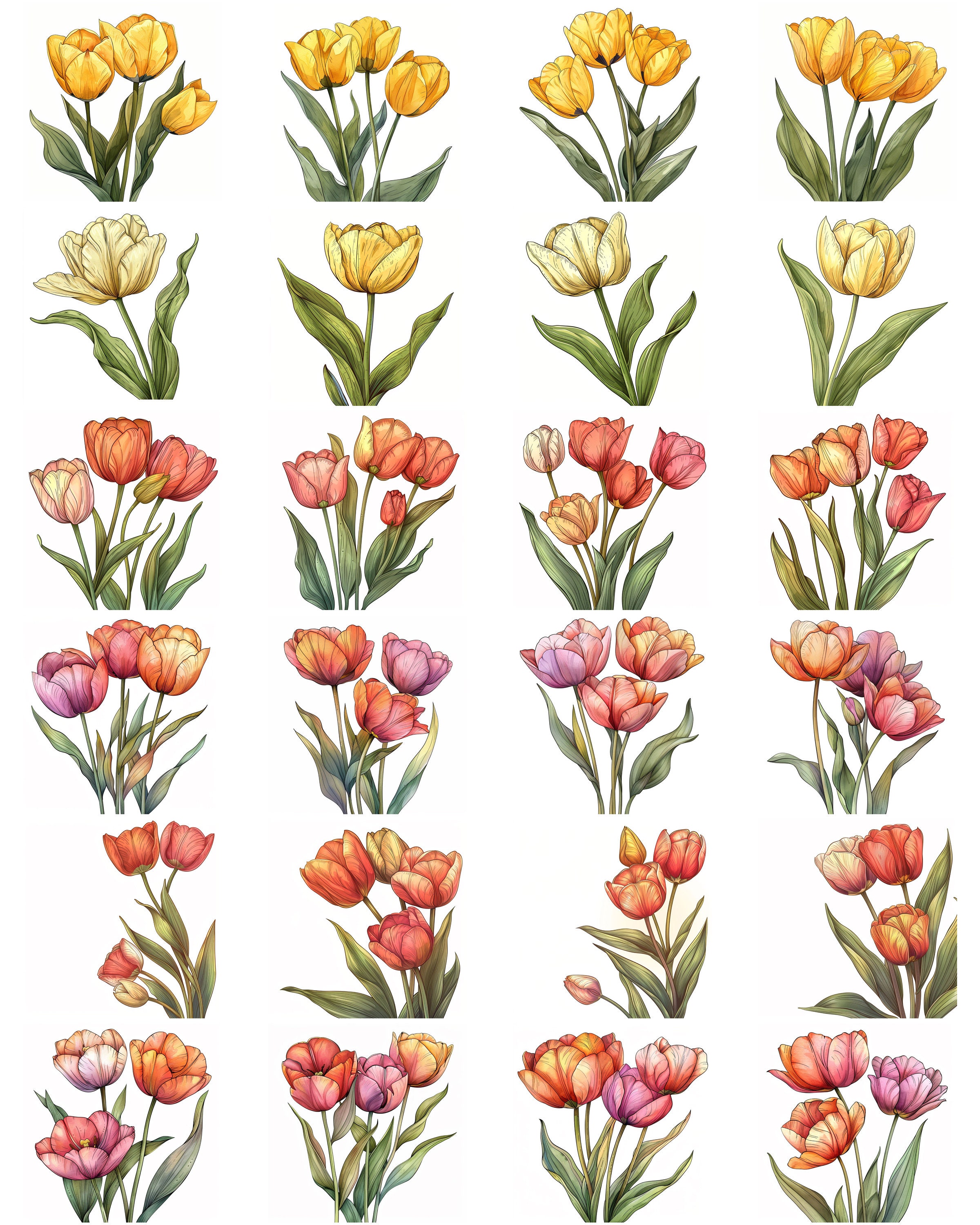 Tulip Blooms Line Art Vivid Color Bundle 2 72 Digital Line Art AI Svg ...