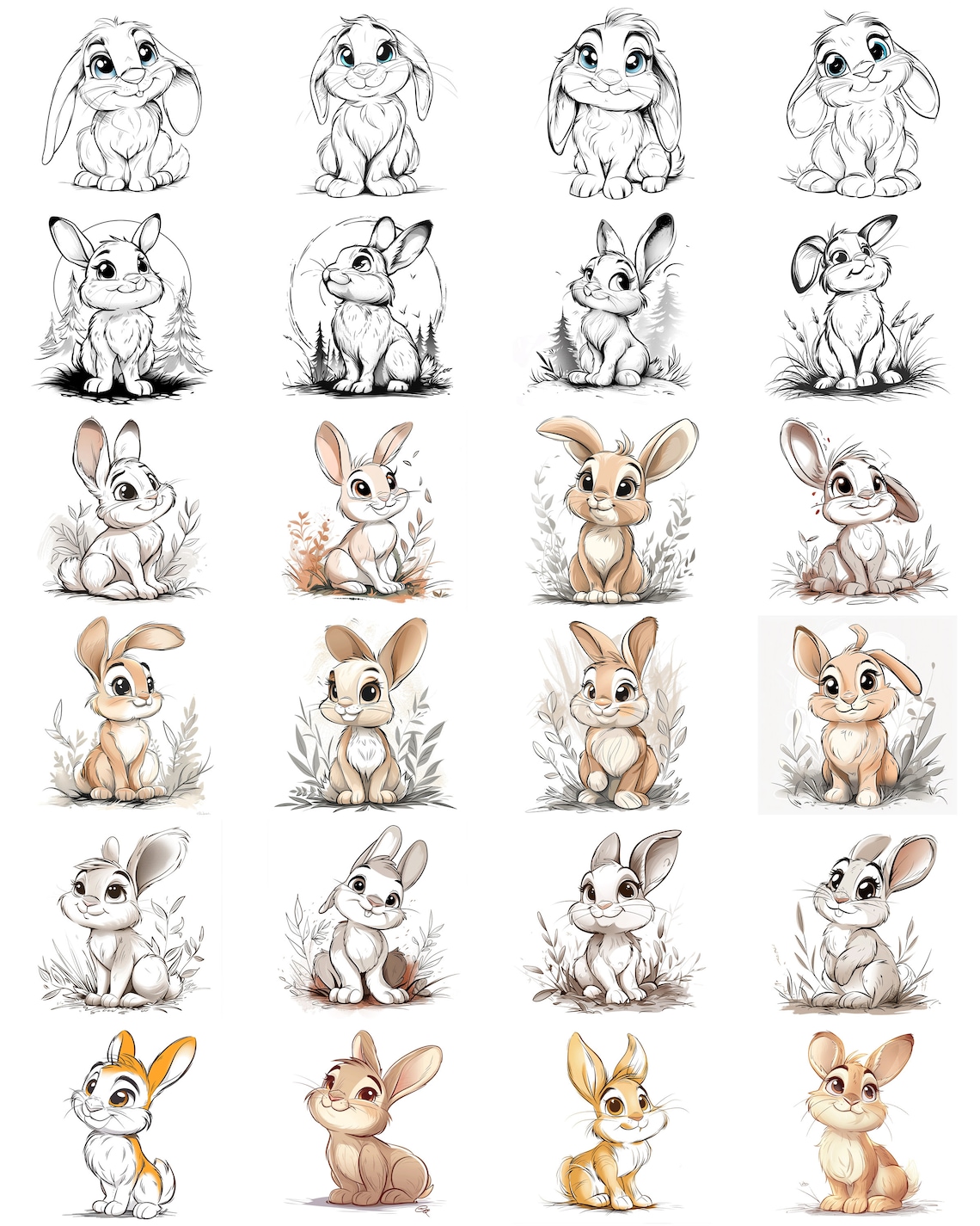 Rabbit Cartoon Color/black/white Bundle 2 80 Digital Line Art AI Svg ...