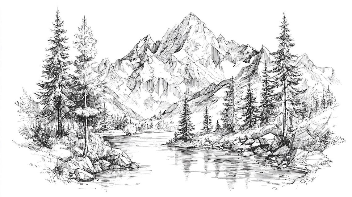 Mountain Lake Line Art Black and White Bundle 2 28 Digital Ai Line Art ...