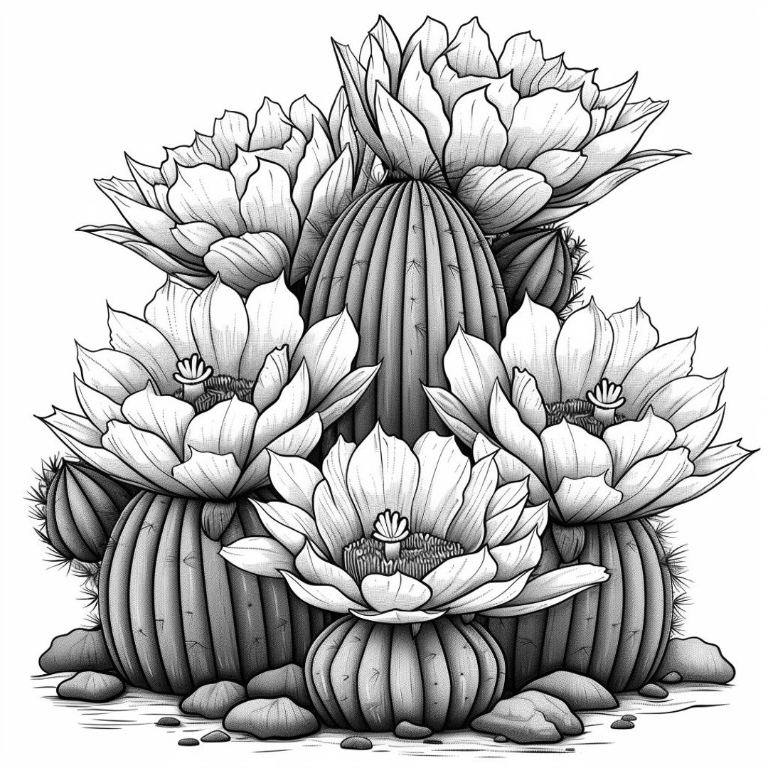 Cactus Blooms Line Art Black and White Bundle 1 24 Digital Ai Line Art ...
