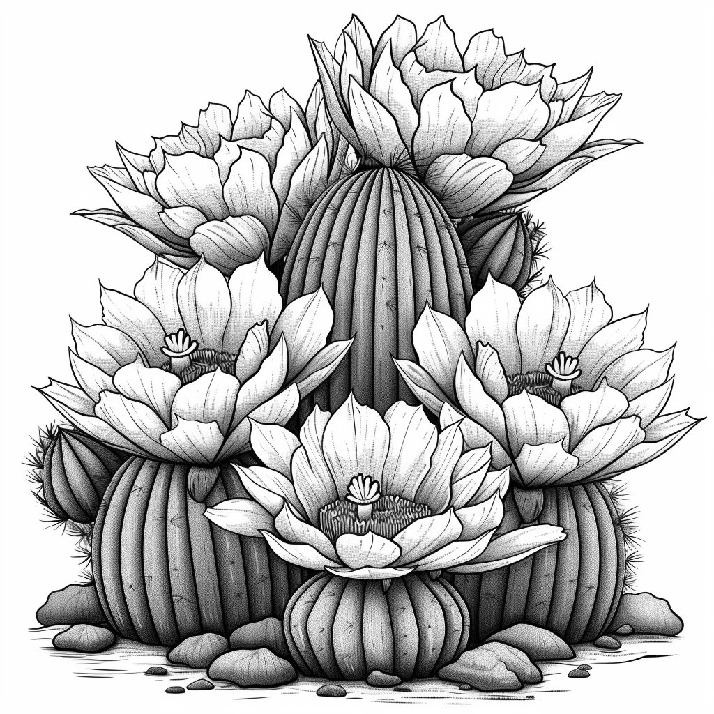 Cactus Blooms Line Art Black and White Bundle 1 24 Digital Ai Line Art ...