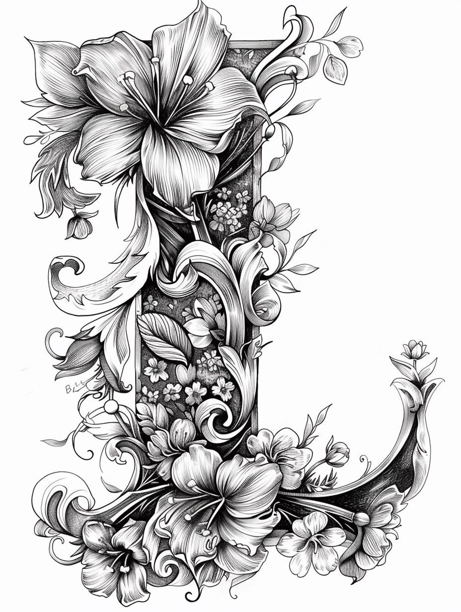 Cherry Blossom Alphabet Cap Drop Black/white Line Art Bundle H-N 28 ...