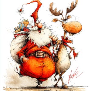 Santa and Rudolf Crazy Cartoon Line Art Color Bundle 1 22 Digital Ai ...