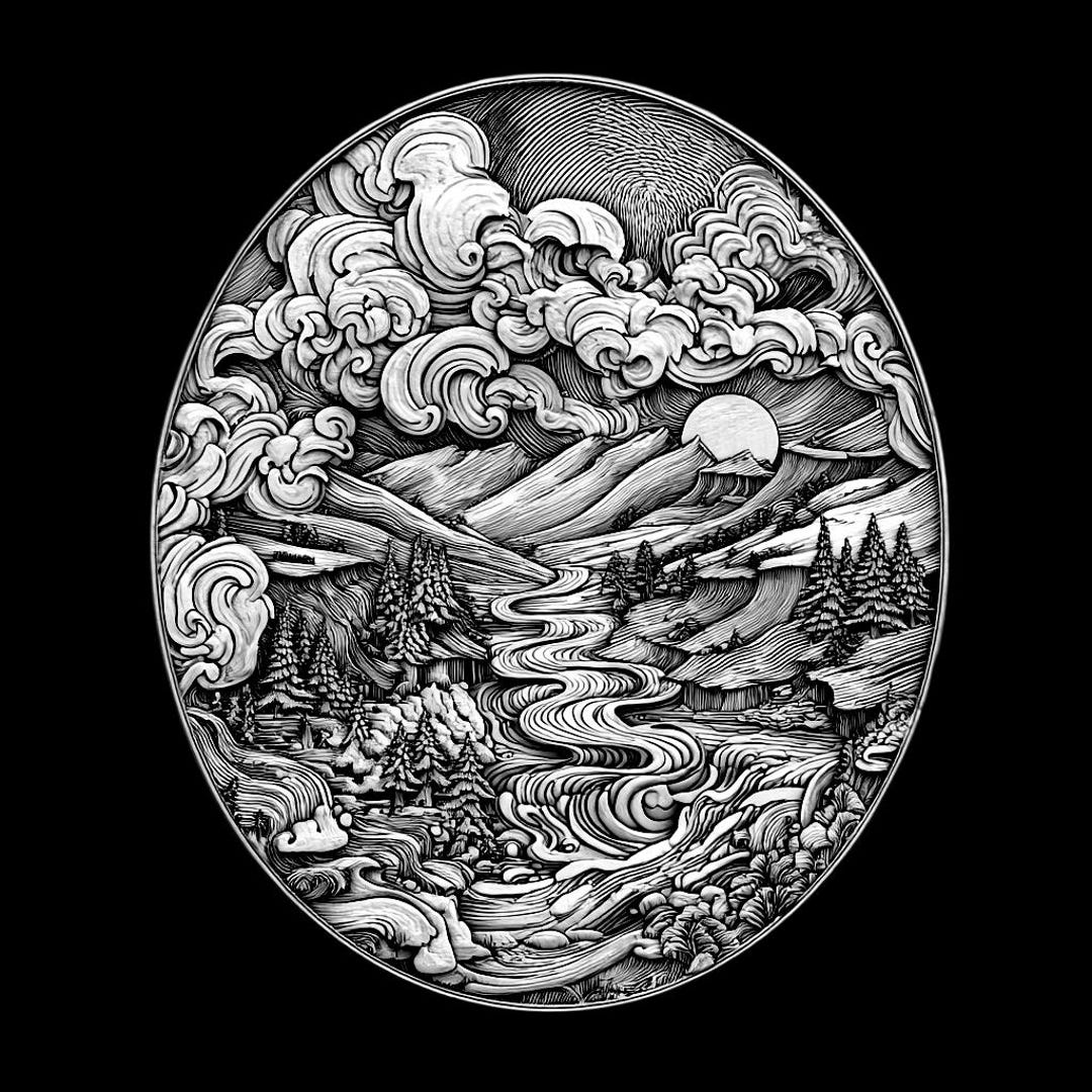 Mountain Scene Oval Bas Relief Abstract- Greyscale Bundle 3 17 Digital ...