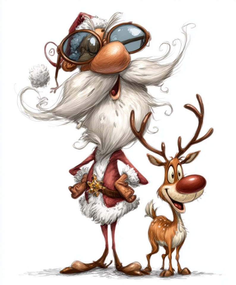 Santa and Rudolf Crazy Cartoon Line Art Color Bundle 2 24 Digital Ai ...
