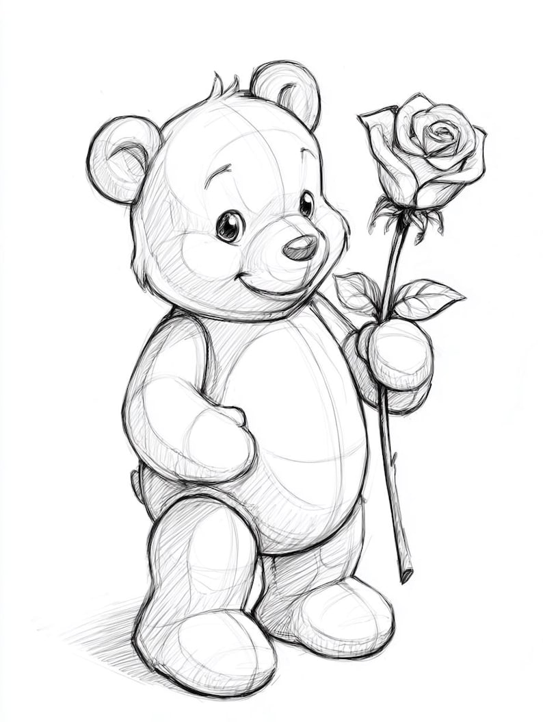 Teddy Bear With Rose Cartoon Black and White Bundle 1 20 Digital Ai ...