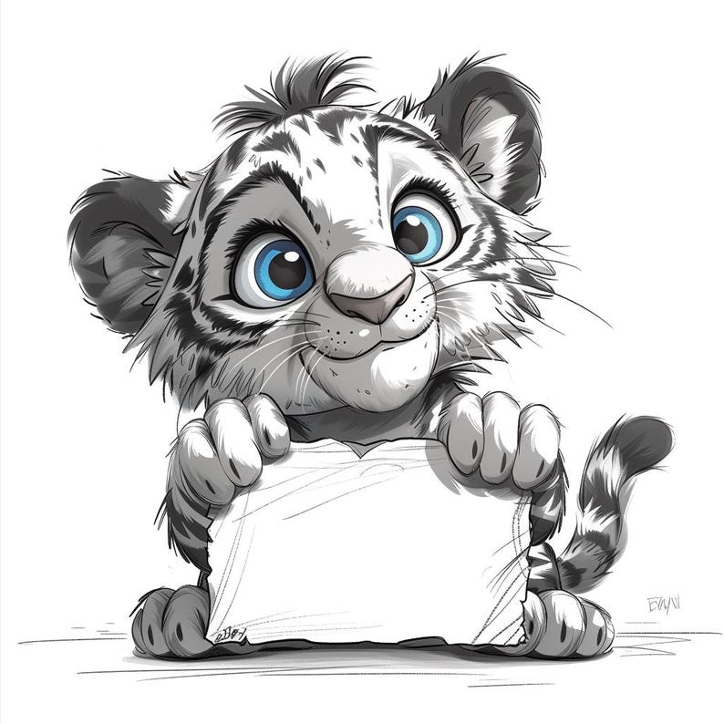 Tiger Cub With Sign Transparent Background Bundle 2 30 Digital Line Art ...