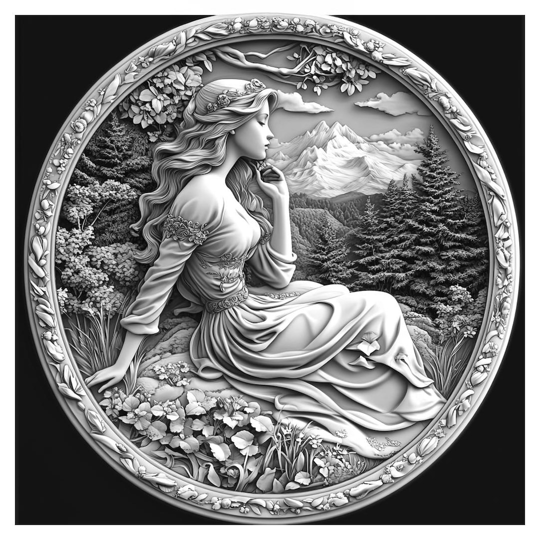 Woman in Forrest Bas Relief Line Art Illustration Greyscale Bundle 1 31 ...