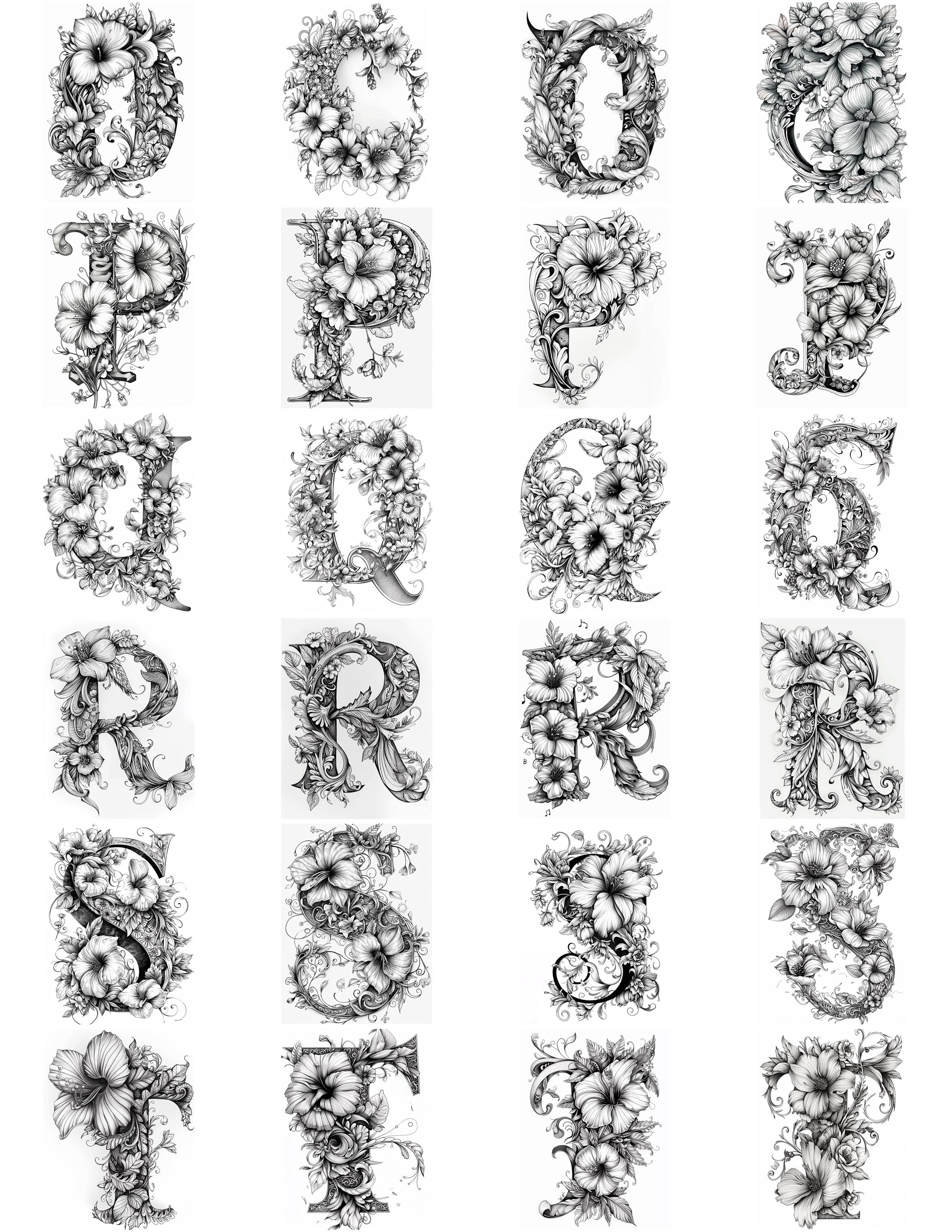 Cherry Blossom Alphabet Cap Drop Black/white Line Art Bundle O-U 27 ...