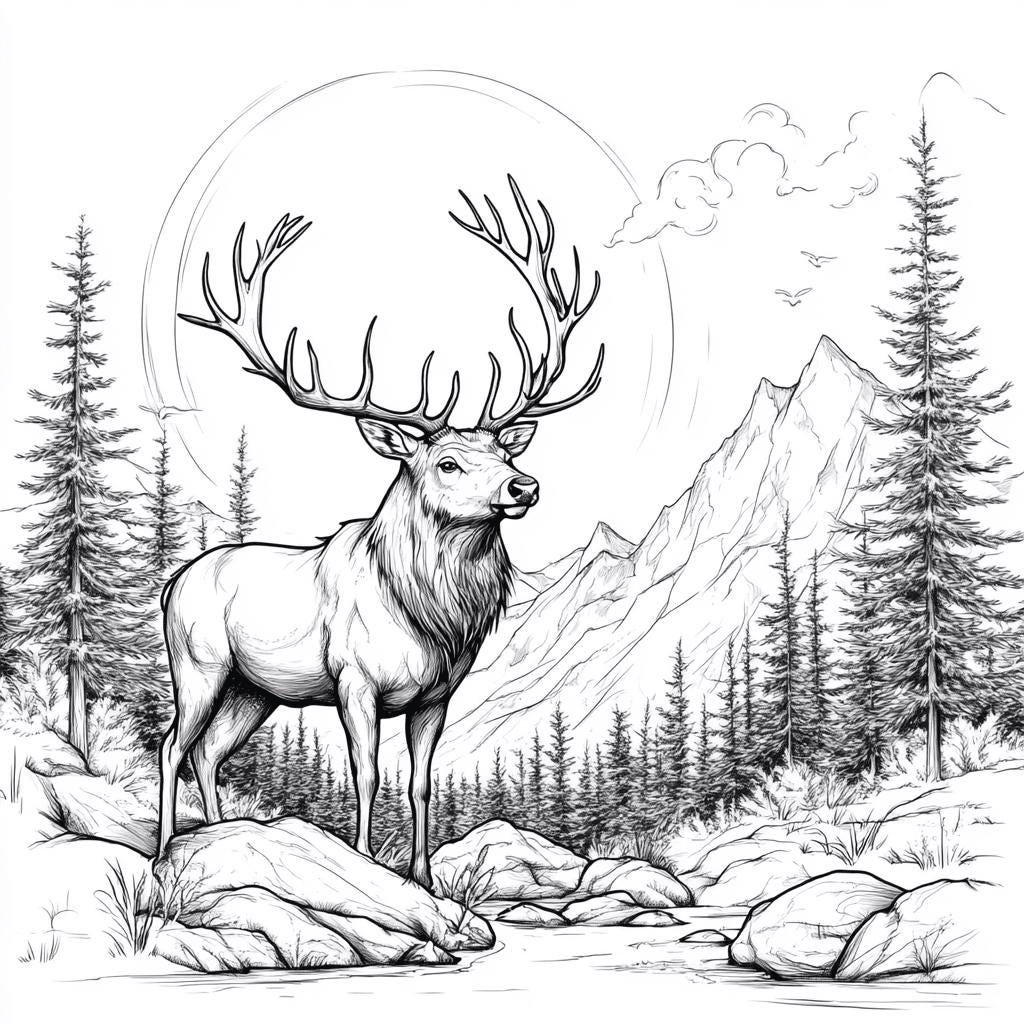 Elk Forrest Black and White Line Art Bundle 1 20 Digital Ai Line Art ...