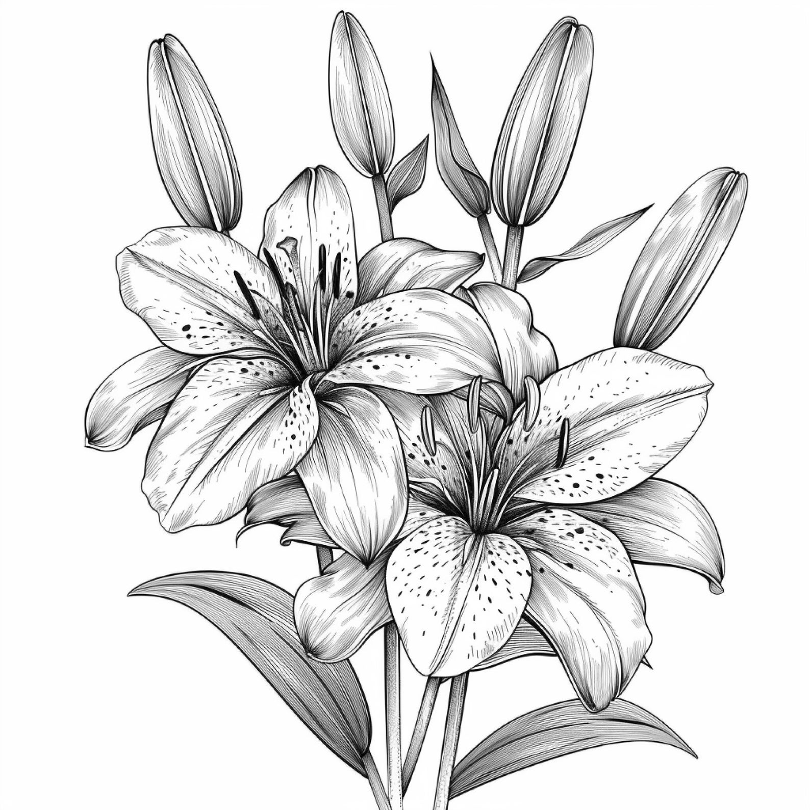 Lily Blooms Line Art Black and White Bundle 4 24 Digital Ai Line Art ...