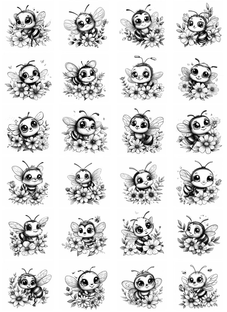 Bees and Flowers Cartoon Black and White Bundle 1 120 Digital Line Art ...