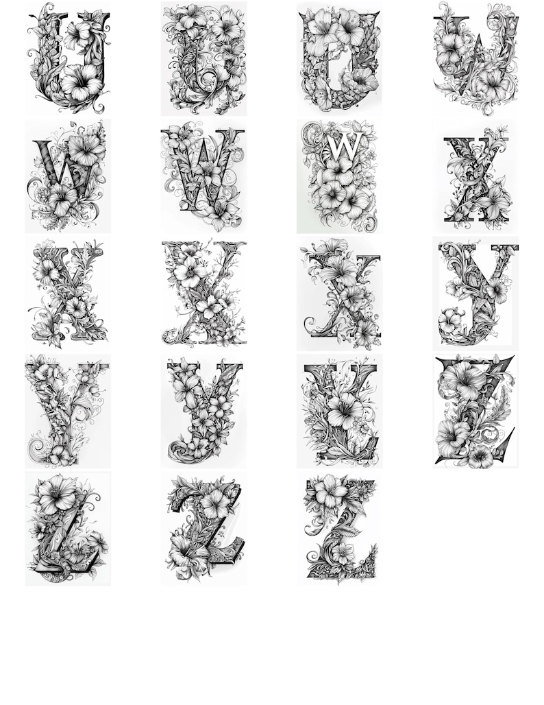 Cherry Blossom Alphabet Cap Drop Black/white Line Art Bundle O-Z 43 ...