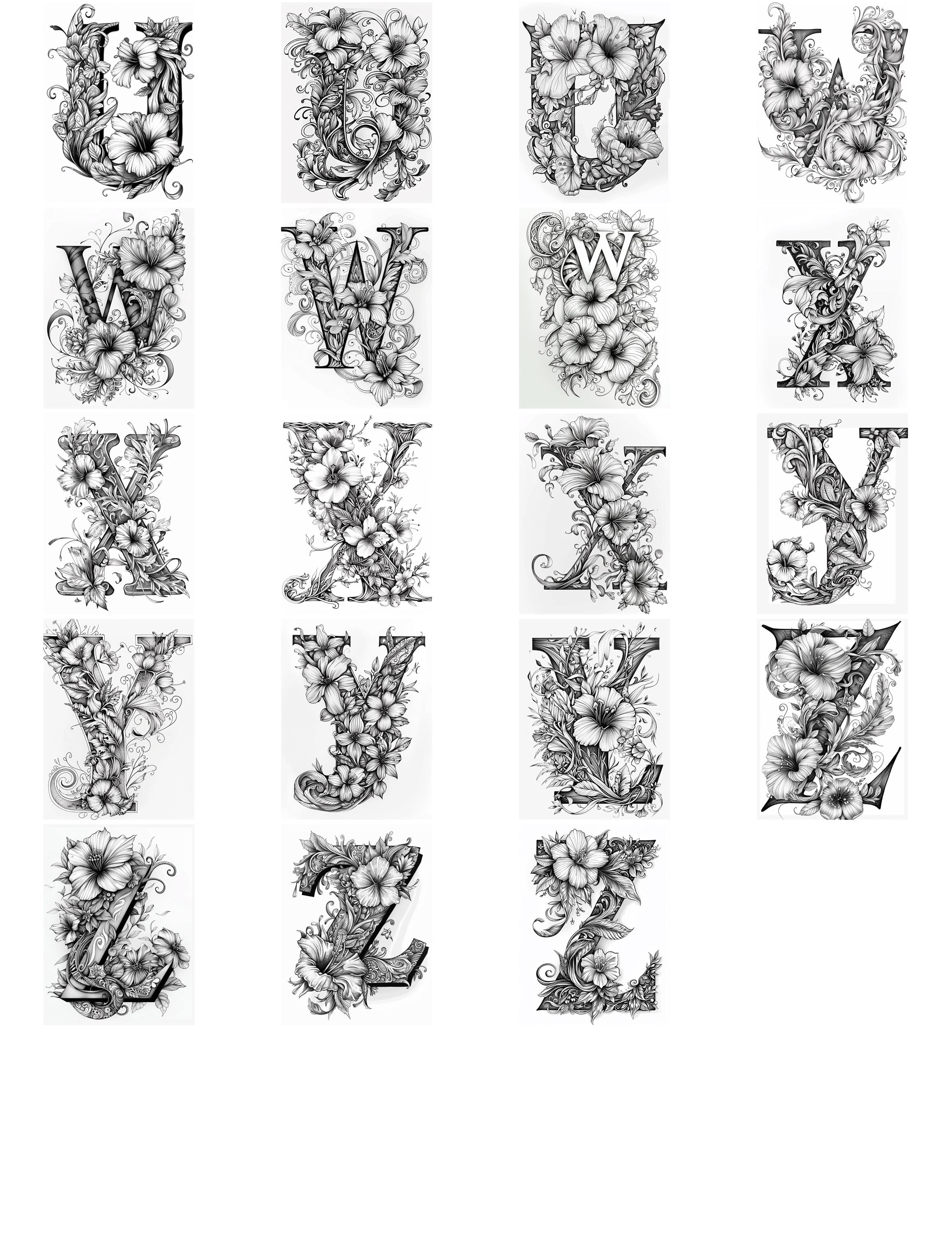 Cherry Blossom Alphabet Cap Drop Black/white Line Art Bundle O-U 27 ...