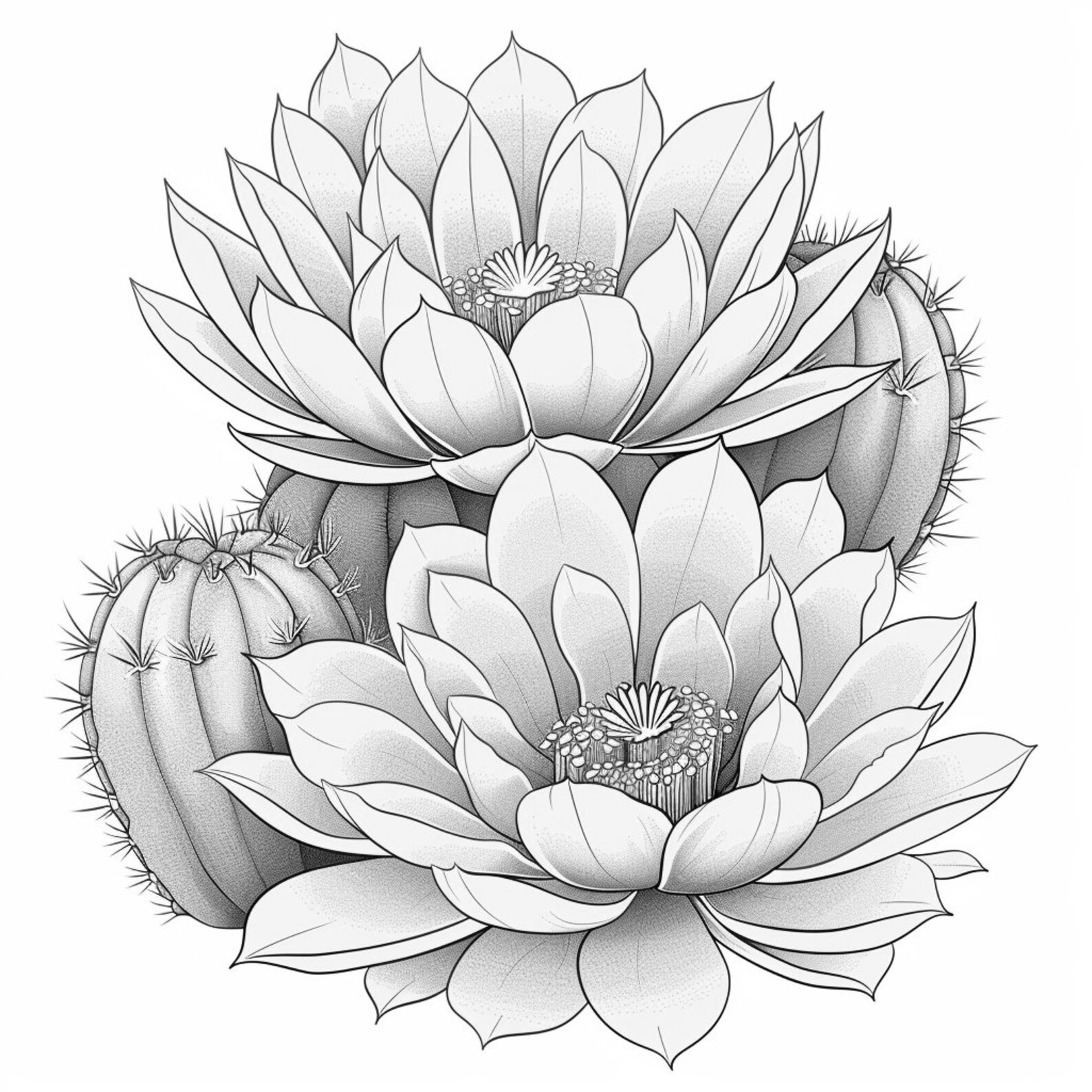 Cactus Blooms Line Art Black and White Bundle 3 20 Digital Ai Line Art ...