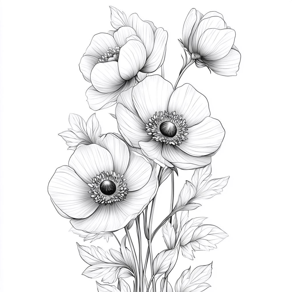 Anemone Blooms Line Art Black and White Bundle 1 42 Digital Ai Line Art ...
