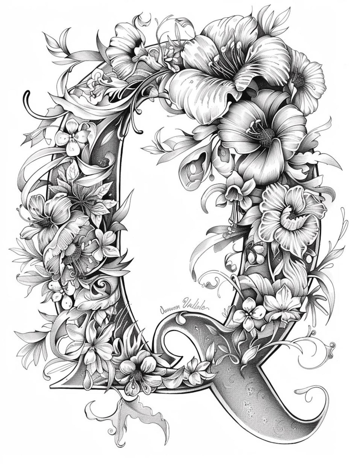 Cherry Blossom Alphabet Cap Drop Black/white Line Art Bundle O-U 27 ...