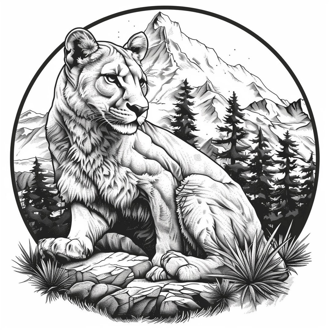 Mountain Lion Mountain Scene Black and White Bundle 2 45 Digital Line ...