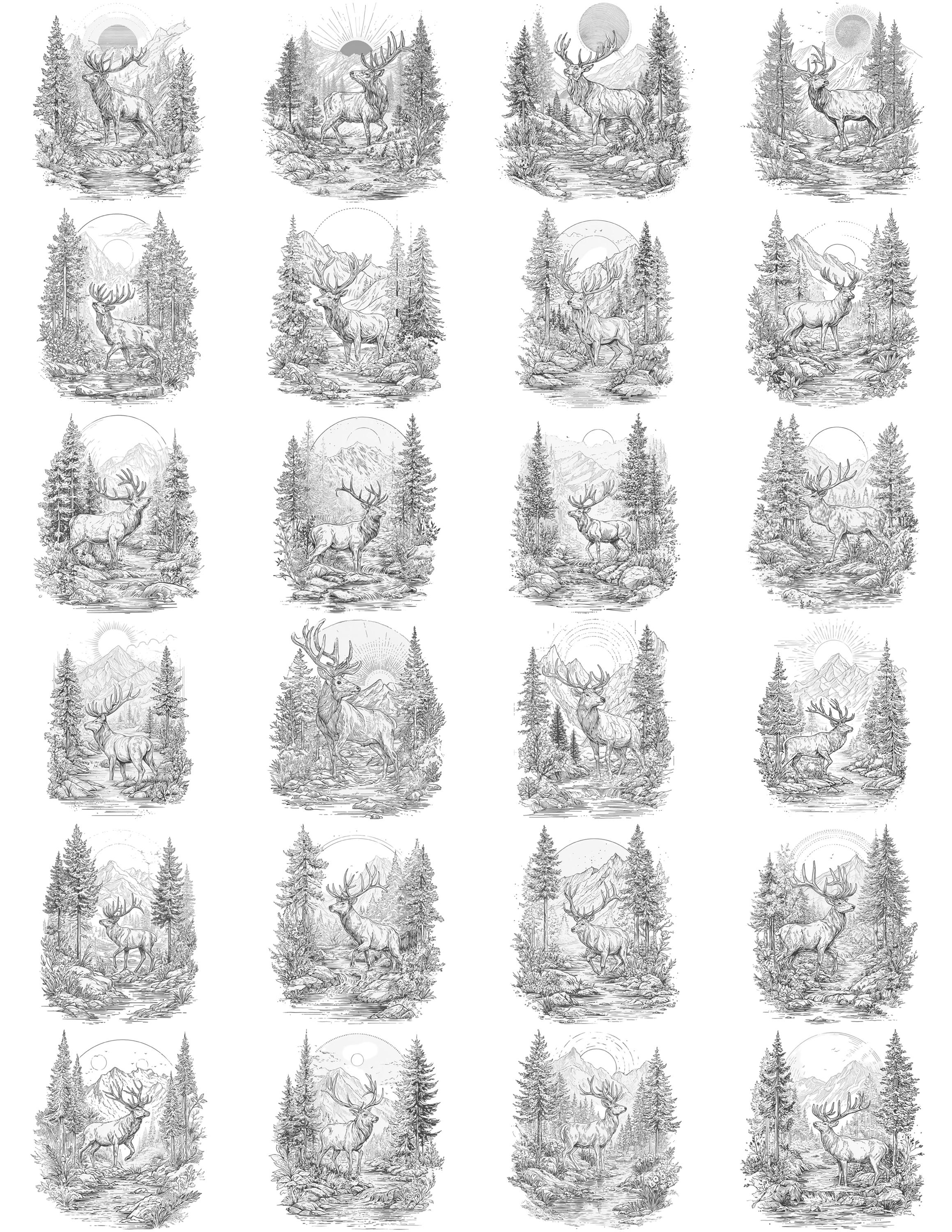 Elk Forrest Black and White Line Art Bundle 2 28 Line Art Ai Images PNG ...