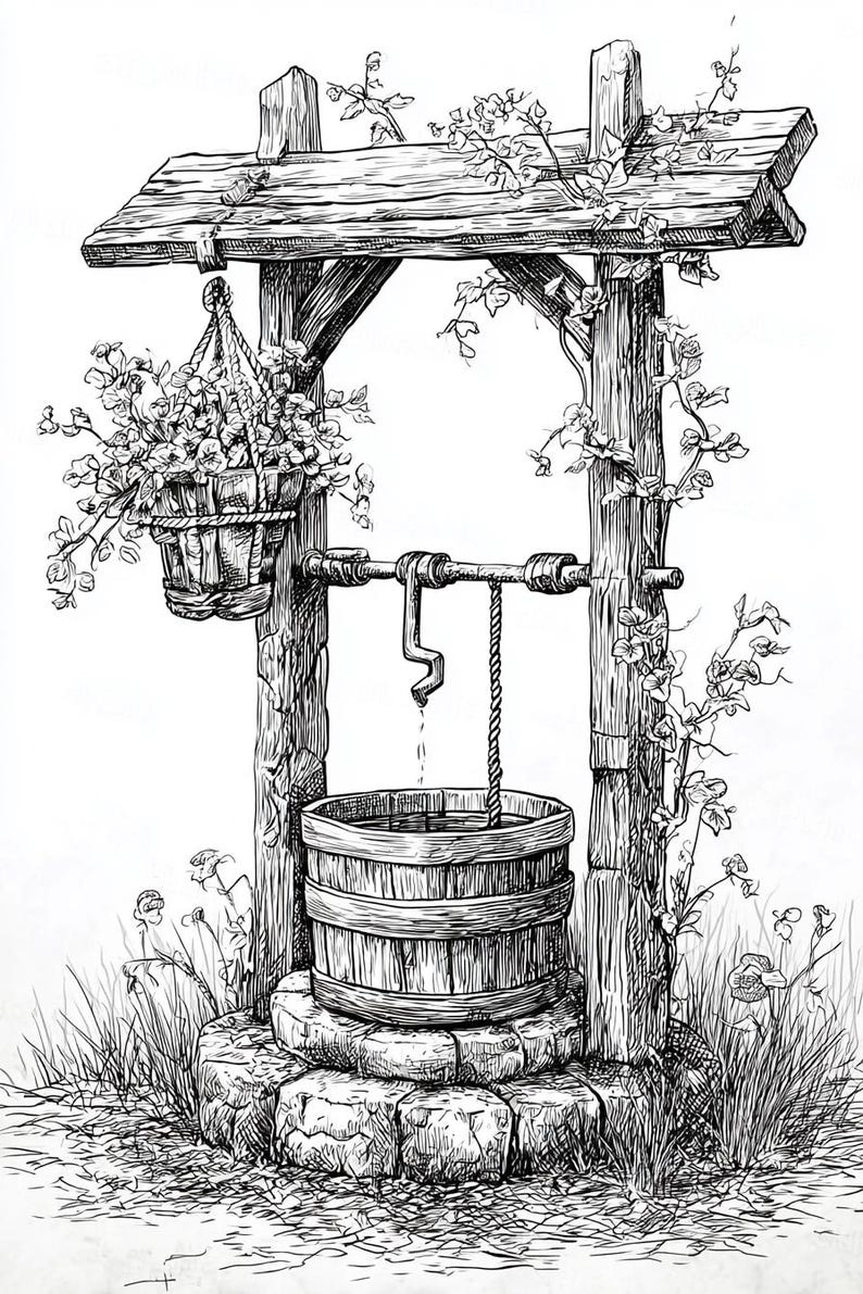 Wishing Well and Spring Flowers Black/white Line Art Bundle 3 24 ...