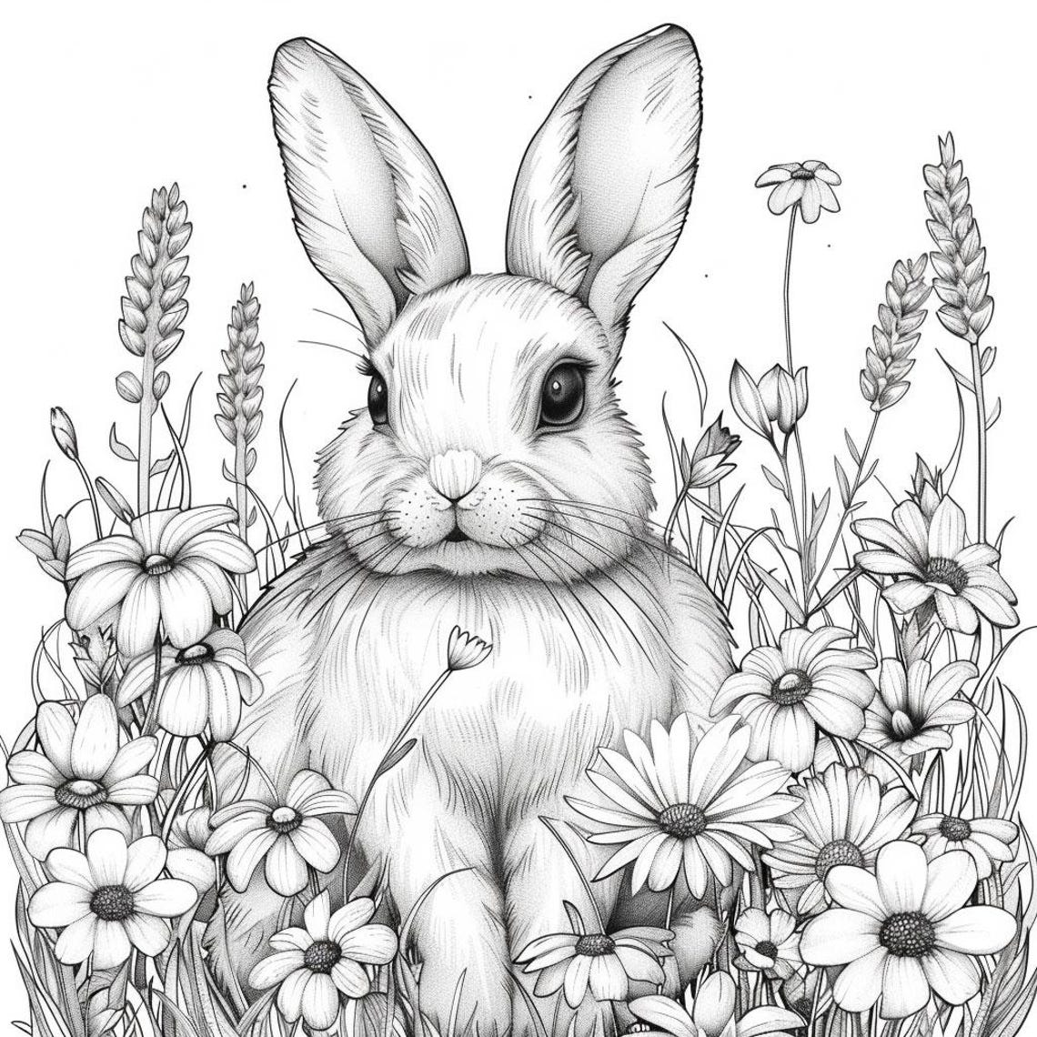 Bunny in Field of Flowers Line Art: Color/black & White Clipart (PNG ...