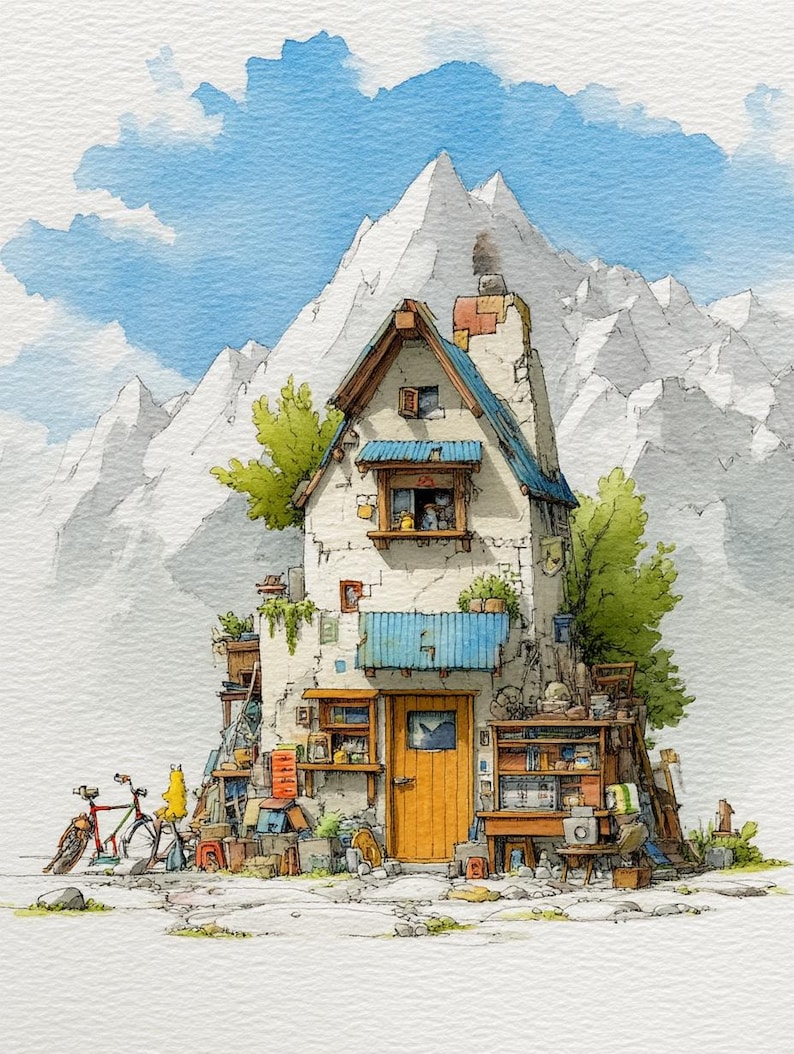 Mountain Haus Watercolor Line Art Bundle 1 12 Digital Ai Line Art PNG ...