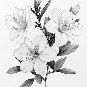 Azaleas Blooms Line Art Pen & Ink Monochrome Transparent Background ...
