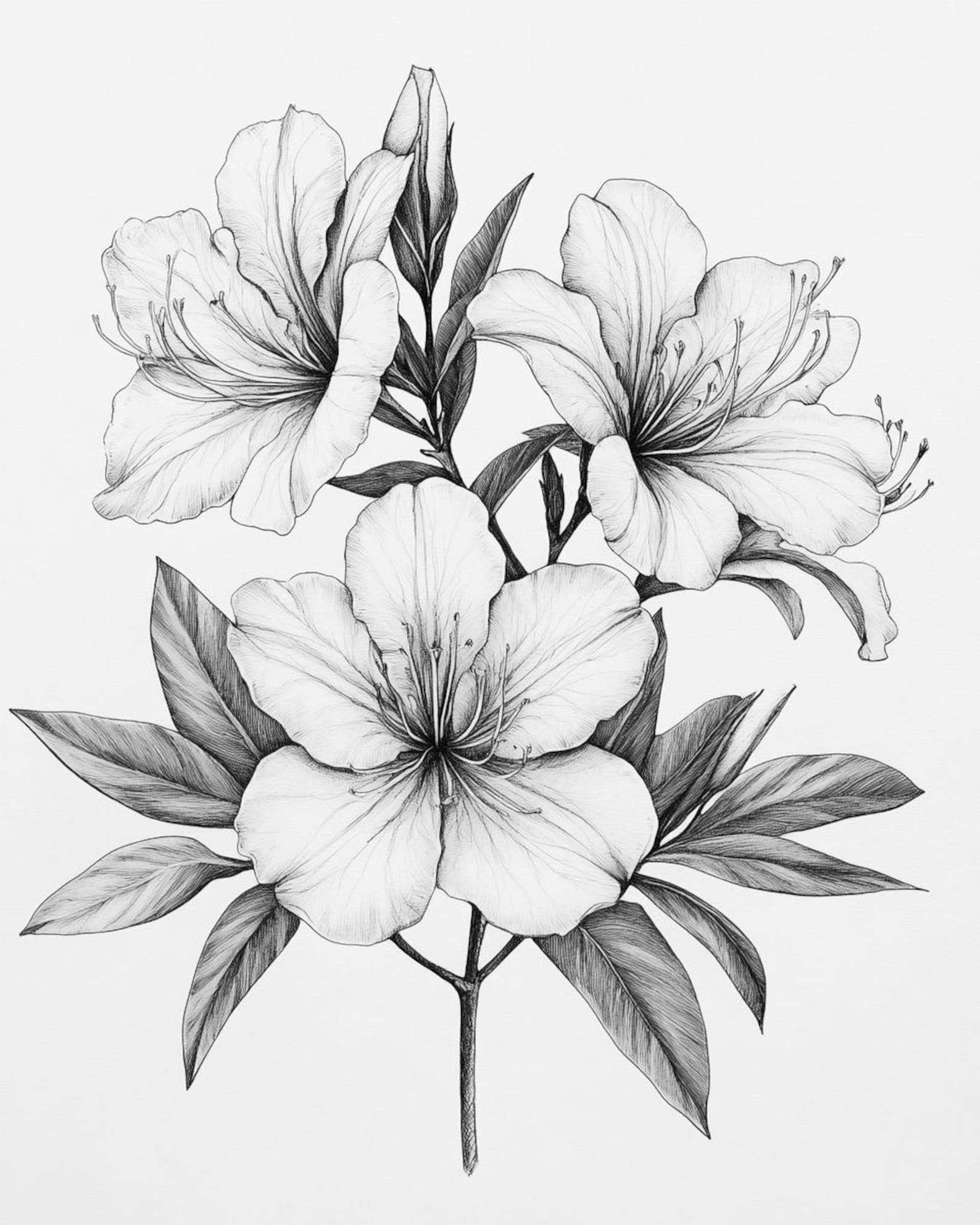 Azaleas Blooms Line Art Pen & Ink Monochrome Transparent Background ...