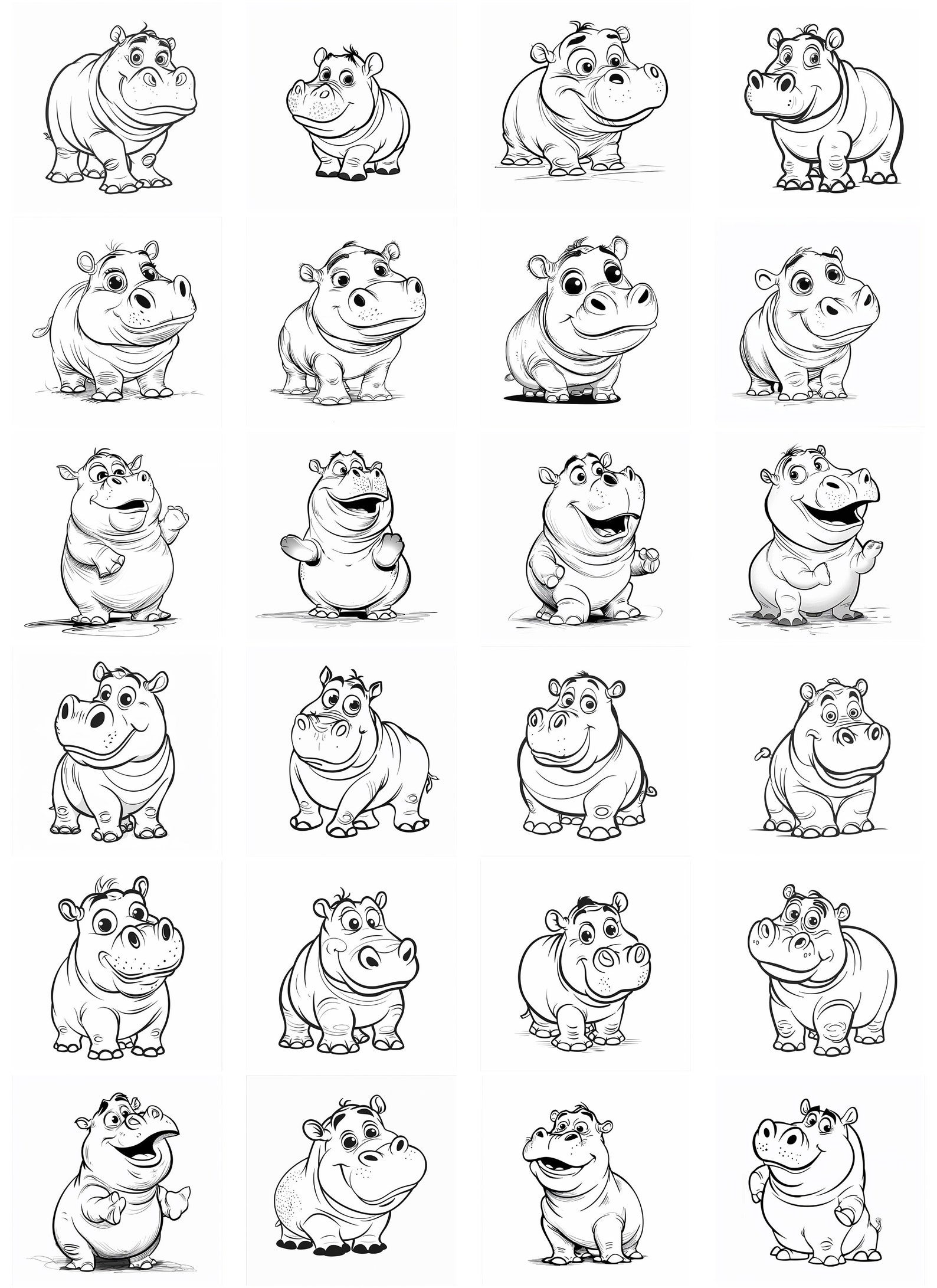 Hippo Cartoon Black and White Line Art Bundle 1 105 Digital Ai Line Art ...
