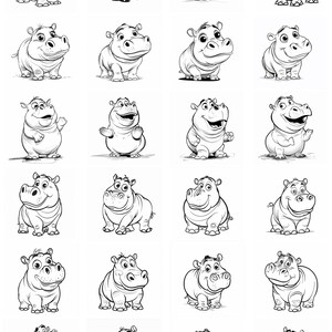 Hippo Cartoon Black and White Line Art Bundle 1 105 Digital Ai Line Art ...
