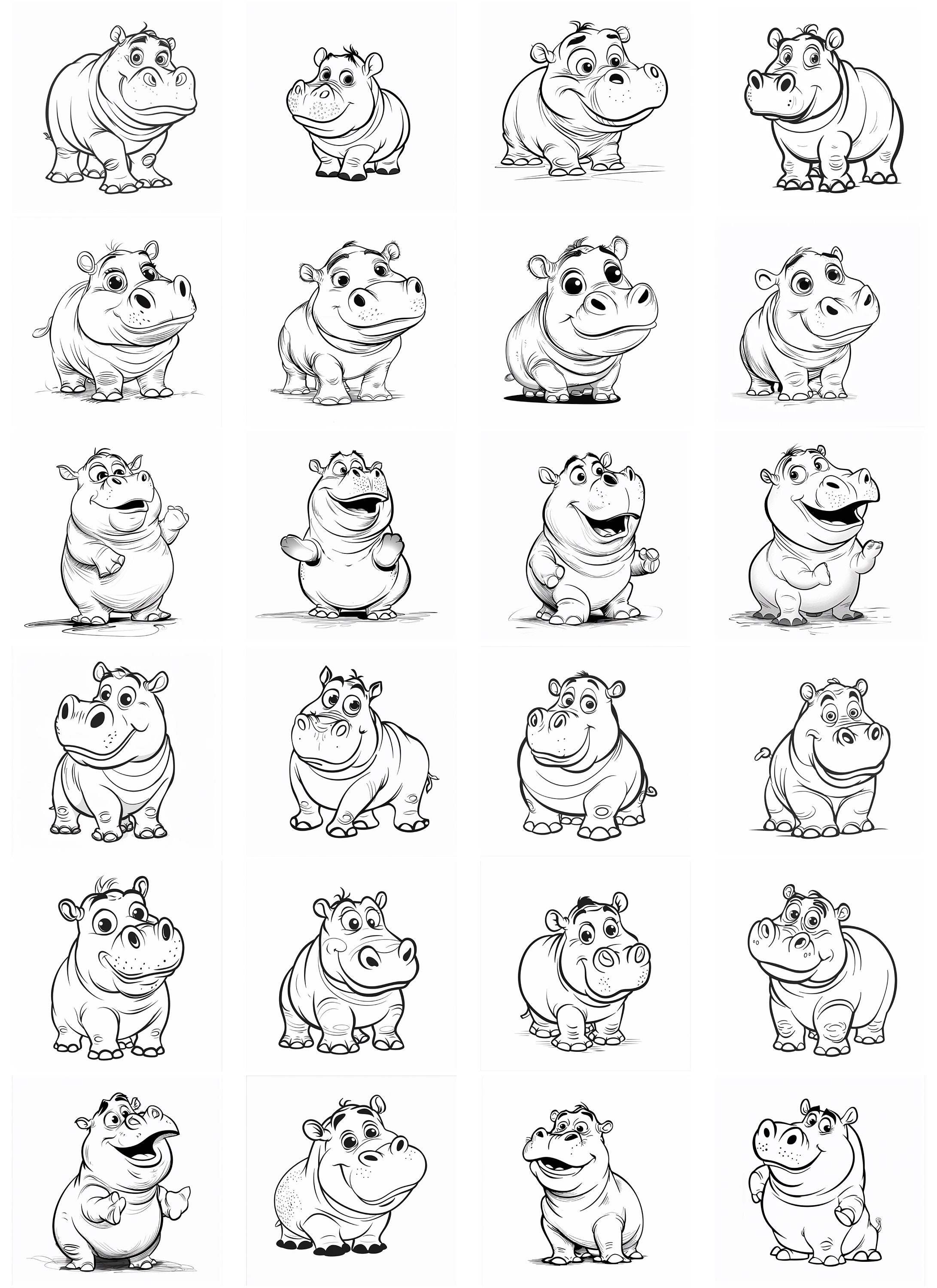 Hippo Cartoon Black and White Line Art Bundle 1 105 Digital Ai Line Art ...
