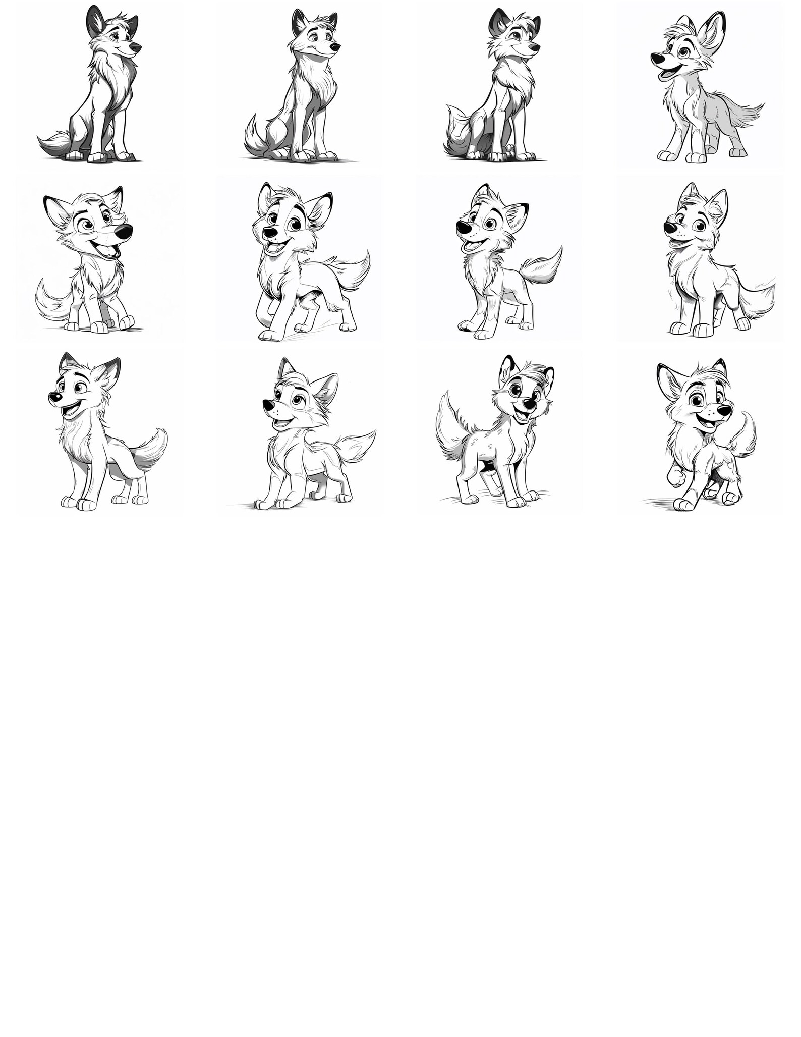 Wolf Cartoon Line Art Black and White Bundle 1 32 Digital Ai Line Art ...