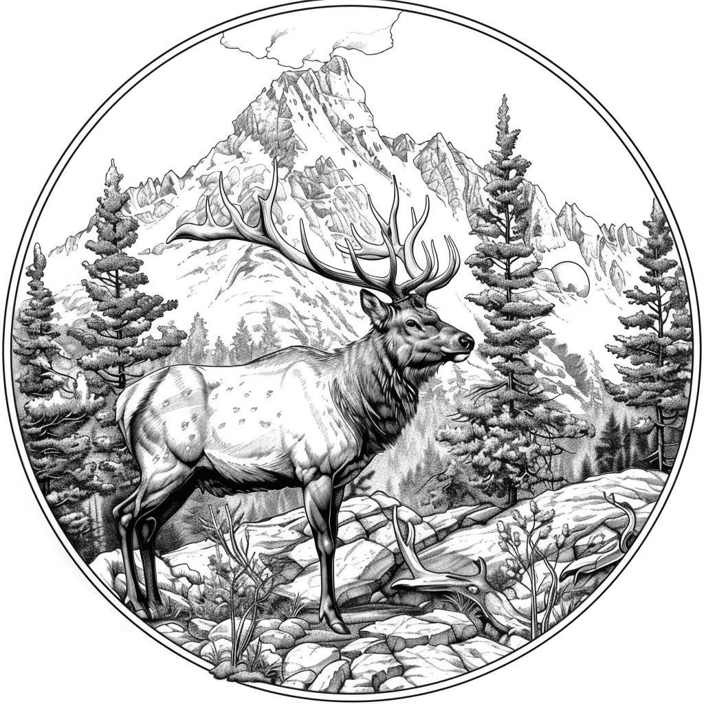 Elk Oval Mountain Forrest Black and White Line Art Bundle 2 36 Digital ...