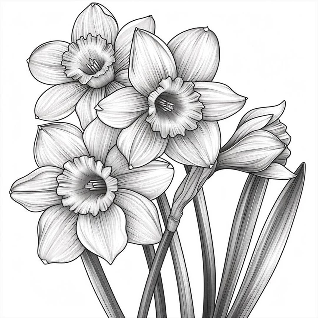 Daffodils Line Art Black and White Bundle 1 32 Digital Ai Line Art PNG ...