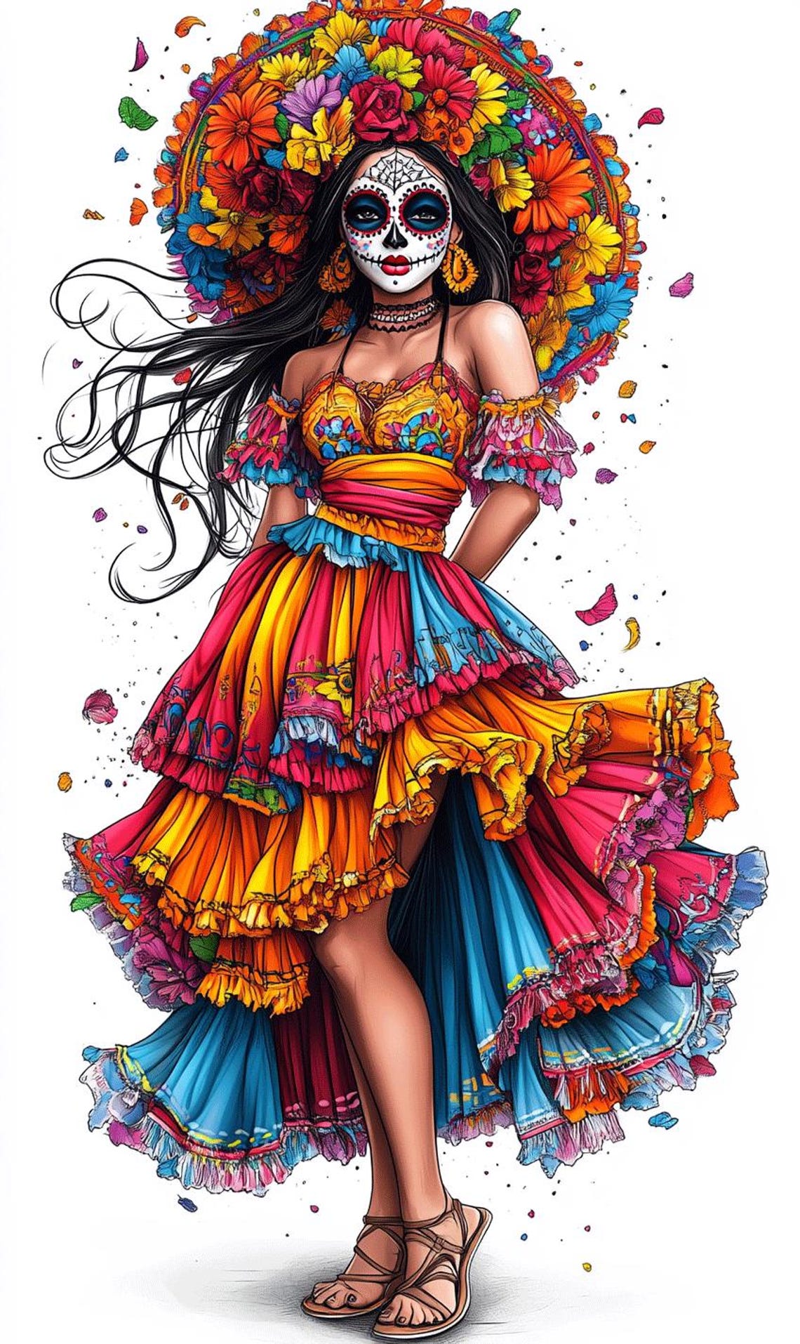 Girl Latin American Vintage Celebration Cartoon Line Art Illustration ...