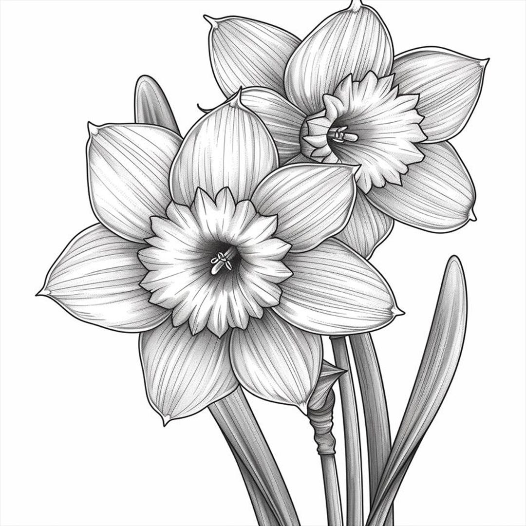 Daffodils Line Art Black and White Bundle 2 32 Digital Ai Line Art PNG ...
