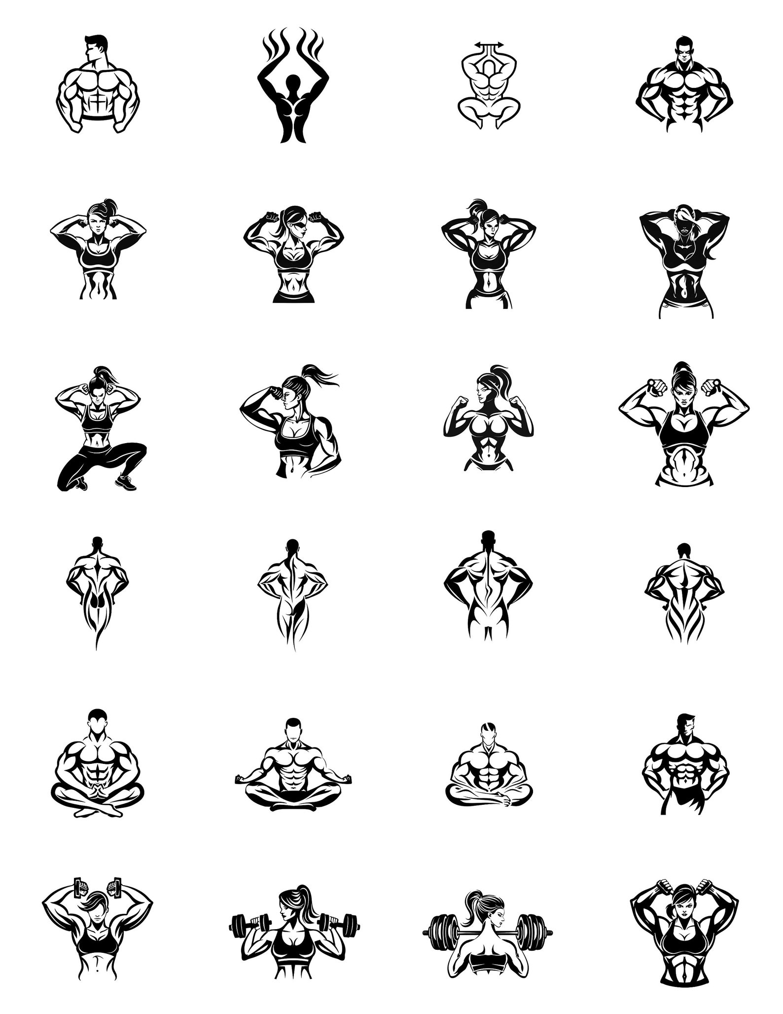 Fitness Figure Logos Black/white Line Art Bundle 1 120 Digital Ai Line ...