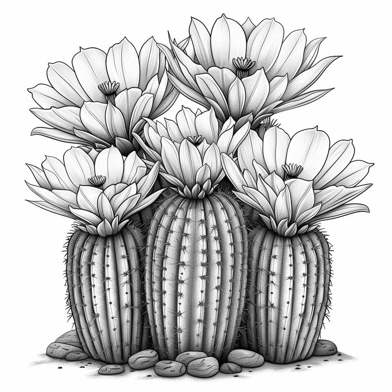 Cactus Blooms Line Art Black and White Bundle 3 20 Digital Line Art Ai ...