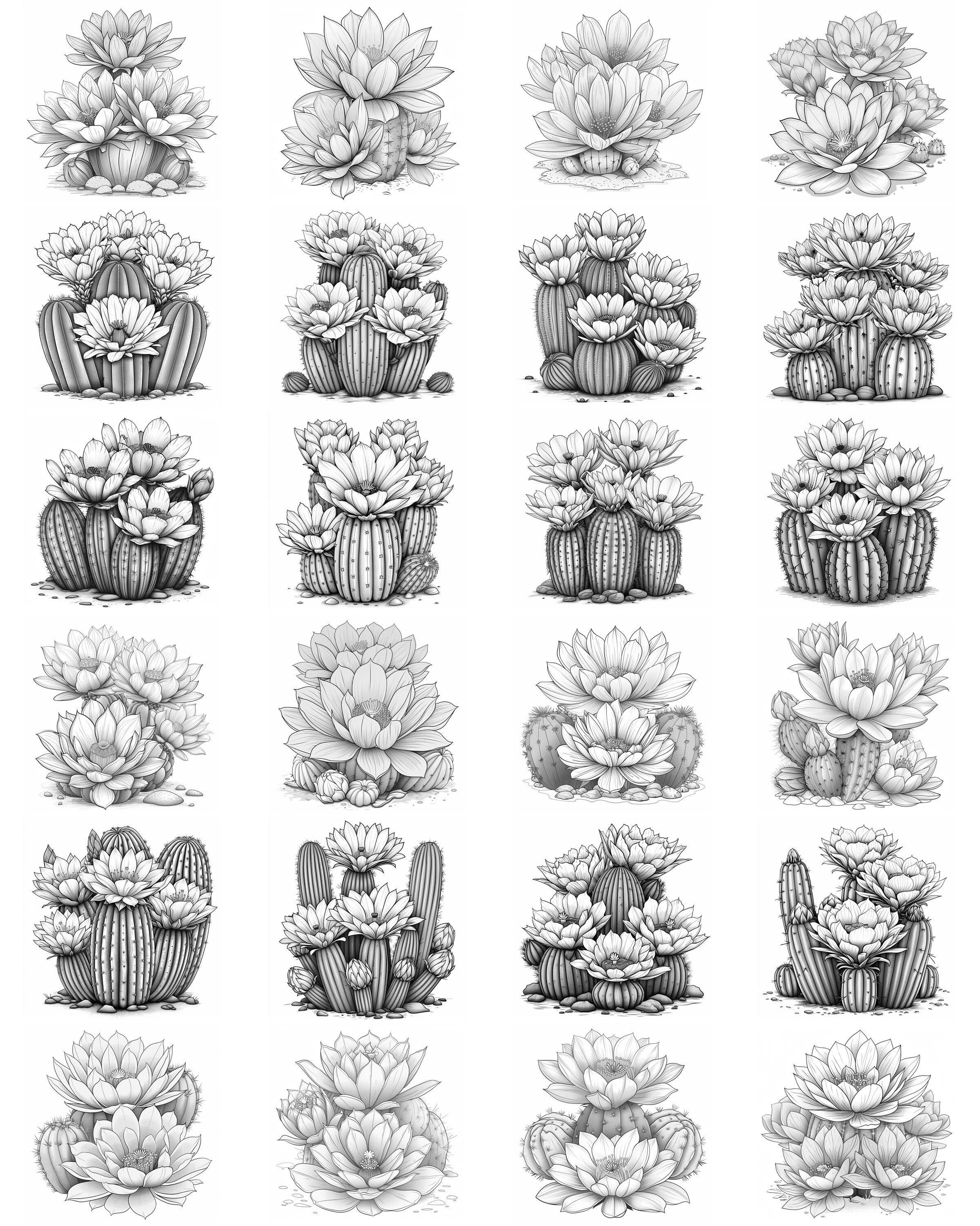 Cactus Blooms Line Art Black and White Bundle 1 100 Digital Line Art Ai ...