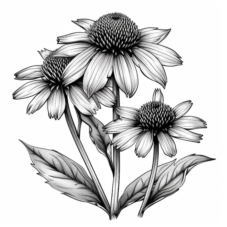 Coneflower Line Art Black and White Bundle 4 36 Digital Ai Line Art PNG ...