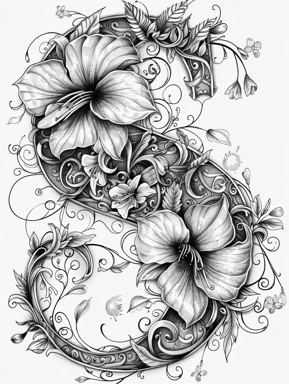 Cherry Blossom Alphabet Cap Drop Black/white Line Art Bundle O-U 27 ...