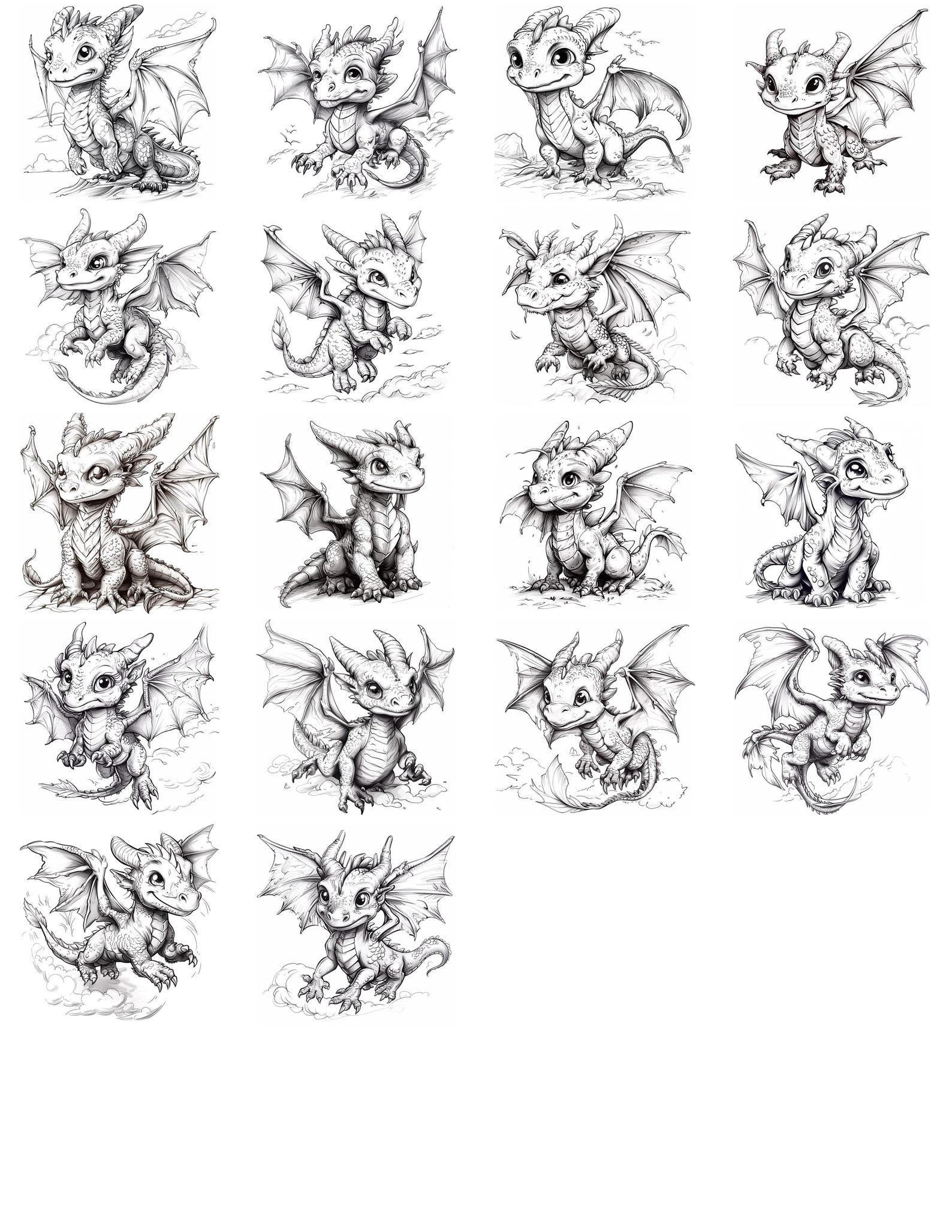 Dragon Cartoon Line Art Black and White Bundle 1 40 Digital Line Art Ai ...