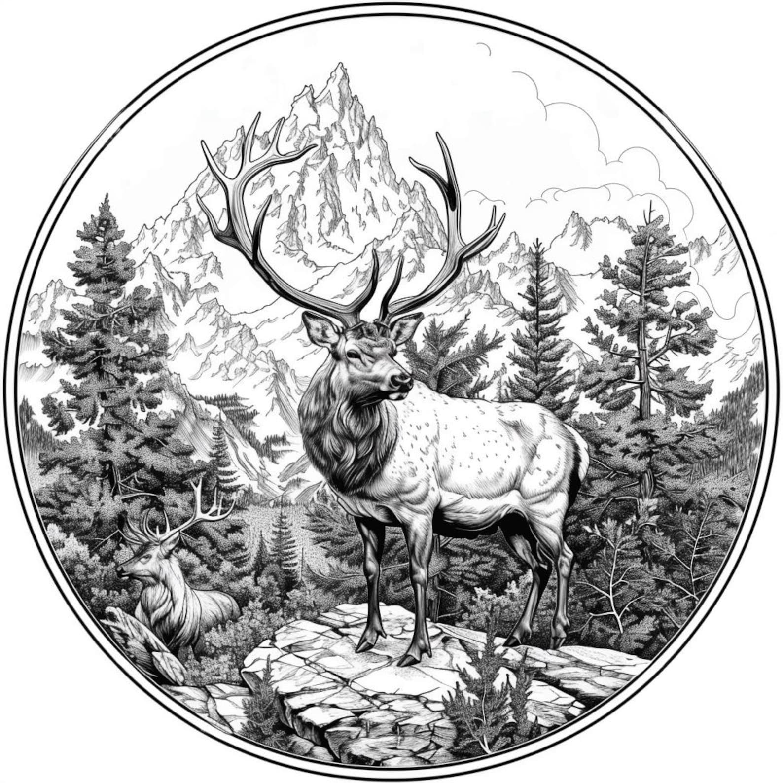 Elk Oval Mountain Forrest Black and White Line Art Bundle 2 36 Digital ...