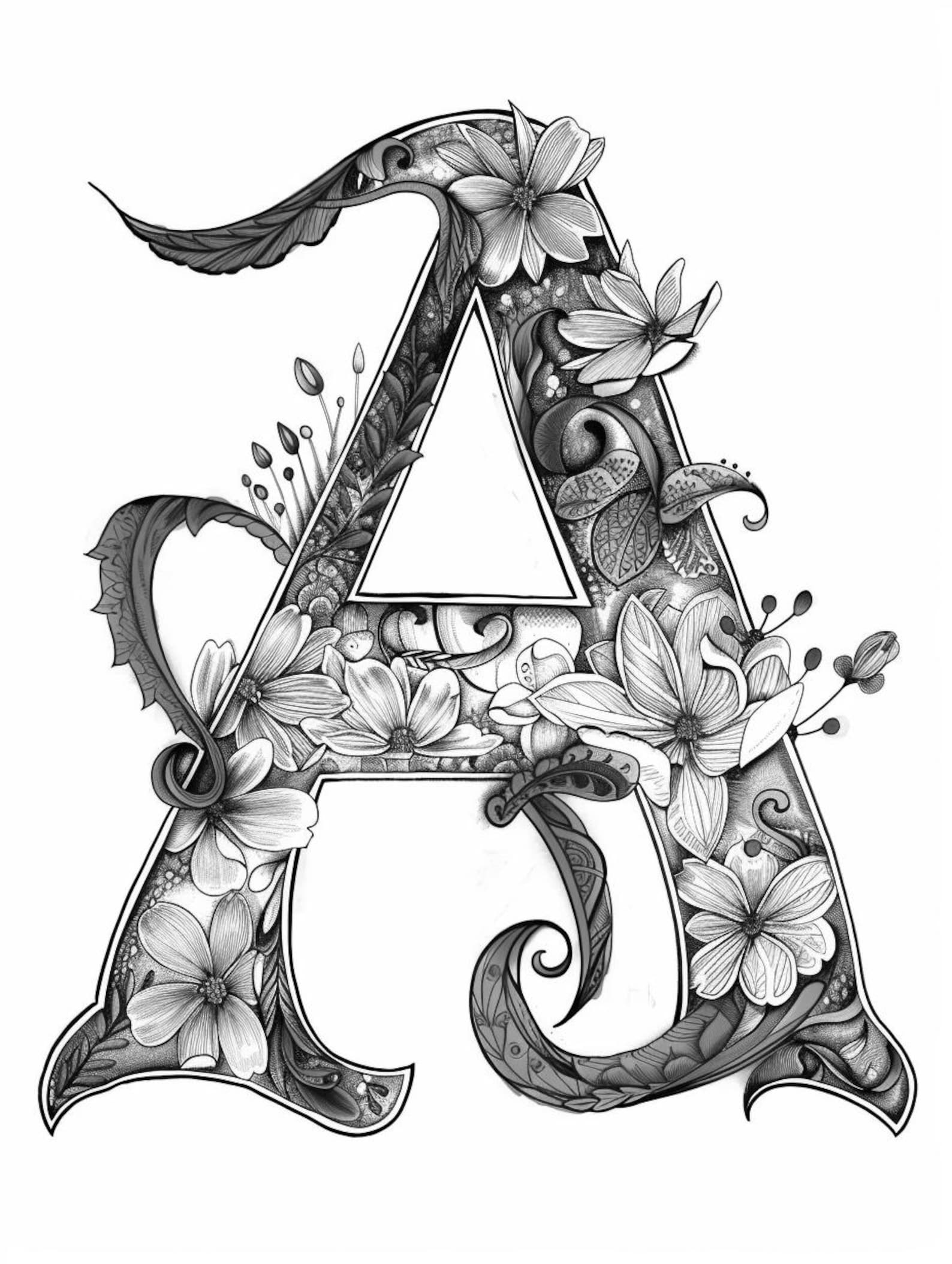 Cherry Blossom Alphabet Cap Drop Black/white Line Art Bundle A-G 28 ...