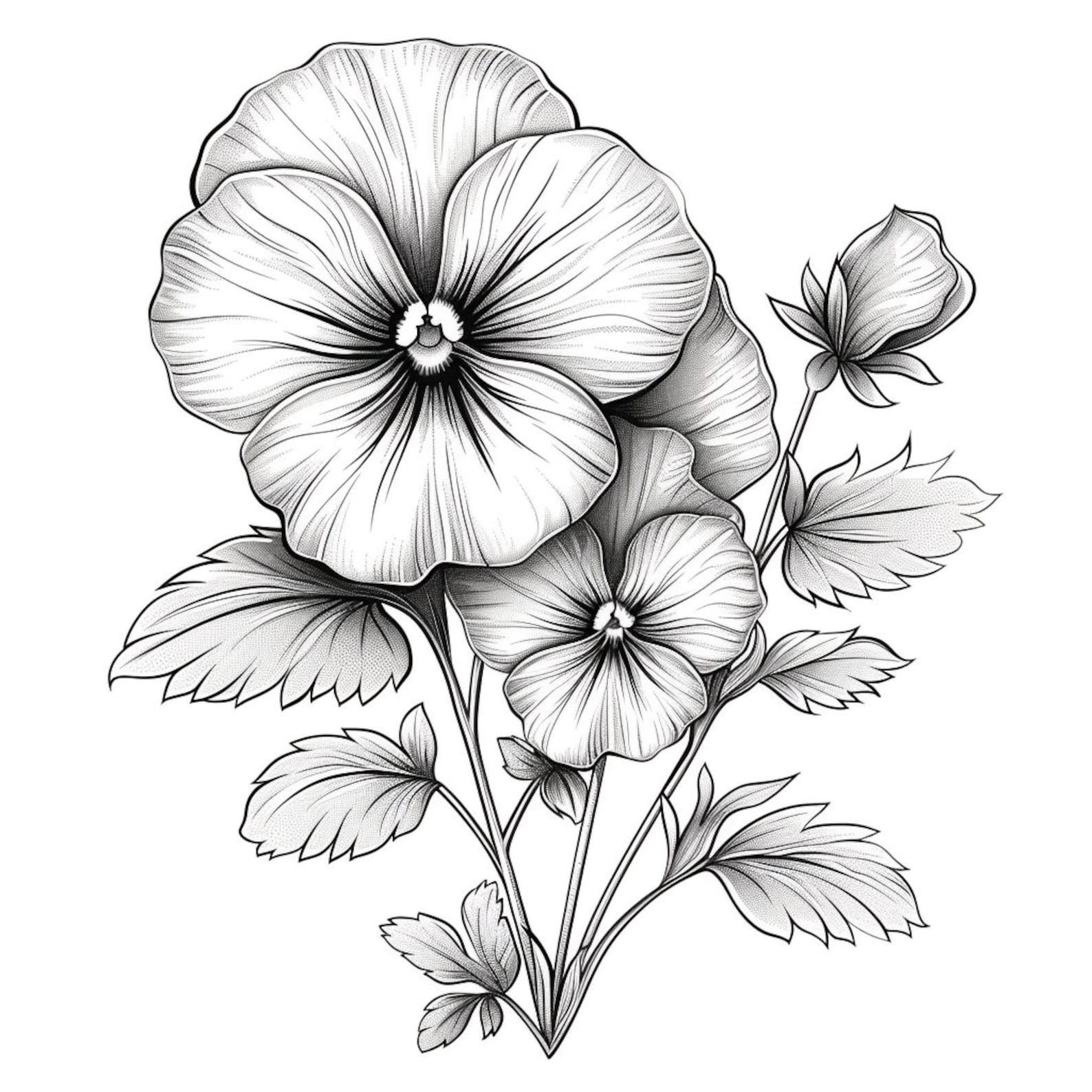 Pansy Blooms Black/white Line Art Bundle 1 30 Digital Ai Line Art PNG ...
