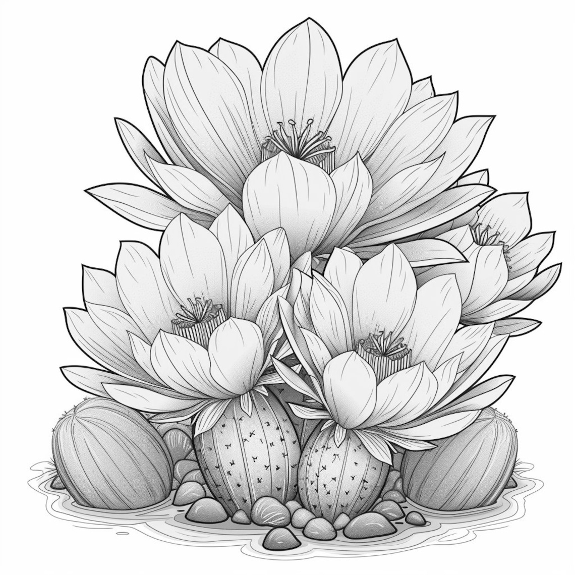 Cactus Blooms Line Art Black and White Bundle 1 24 Digital Line Art Ai ...