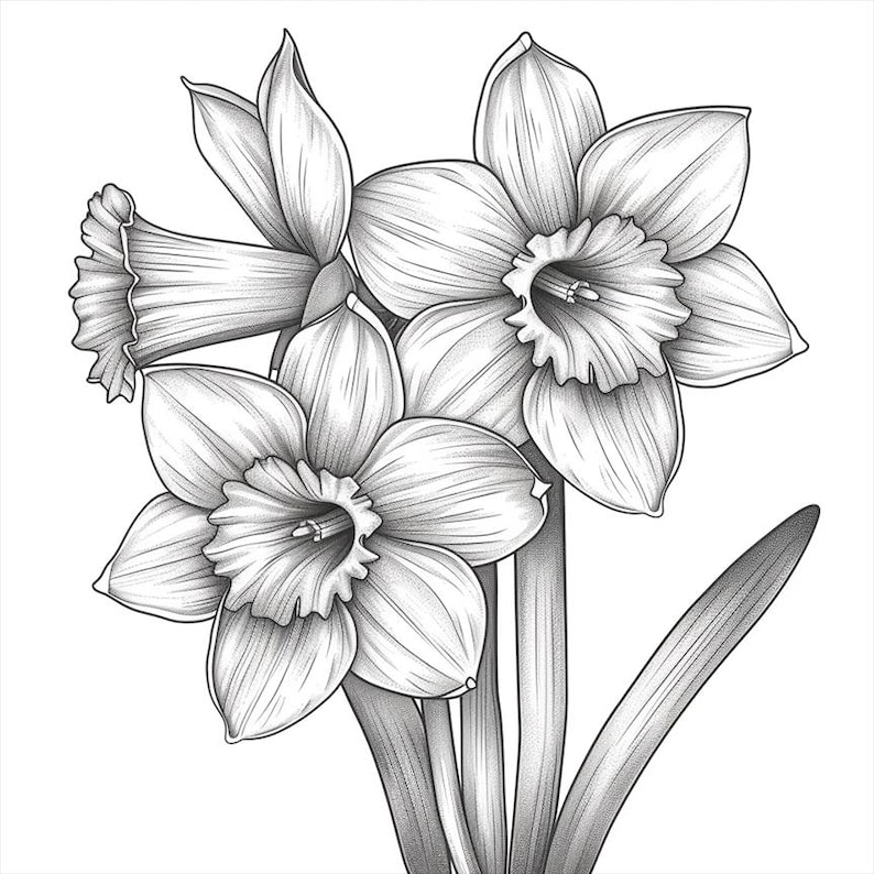 Daffodils Line Art Black and White Bundle 3 42 Digital Ai Line Art PNG ...