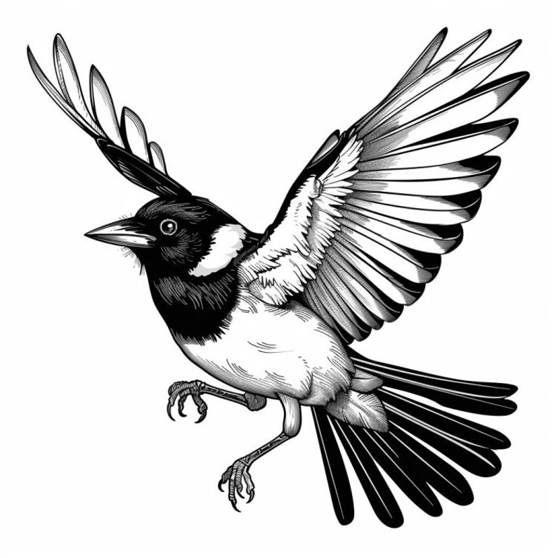 Magpie Realistic Line Art Illustration Black and White Bundle 1 50 ...