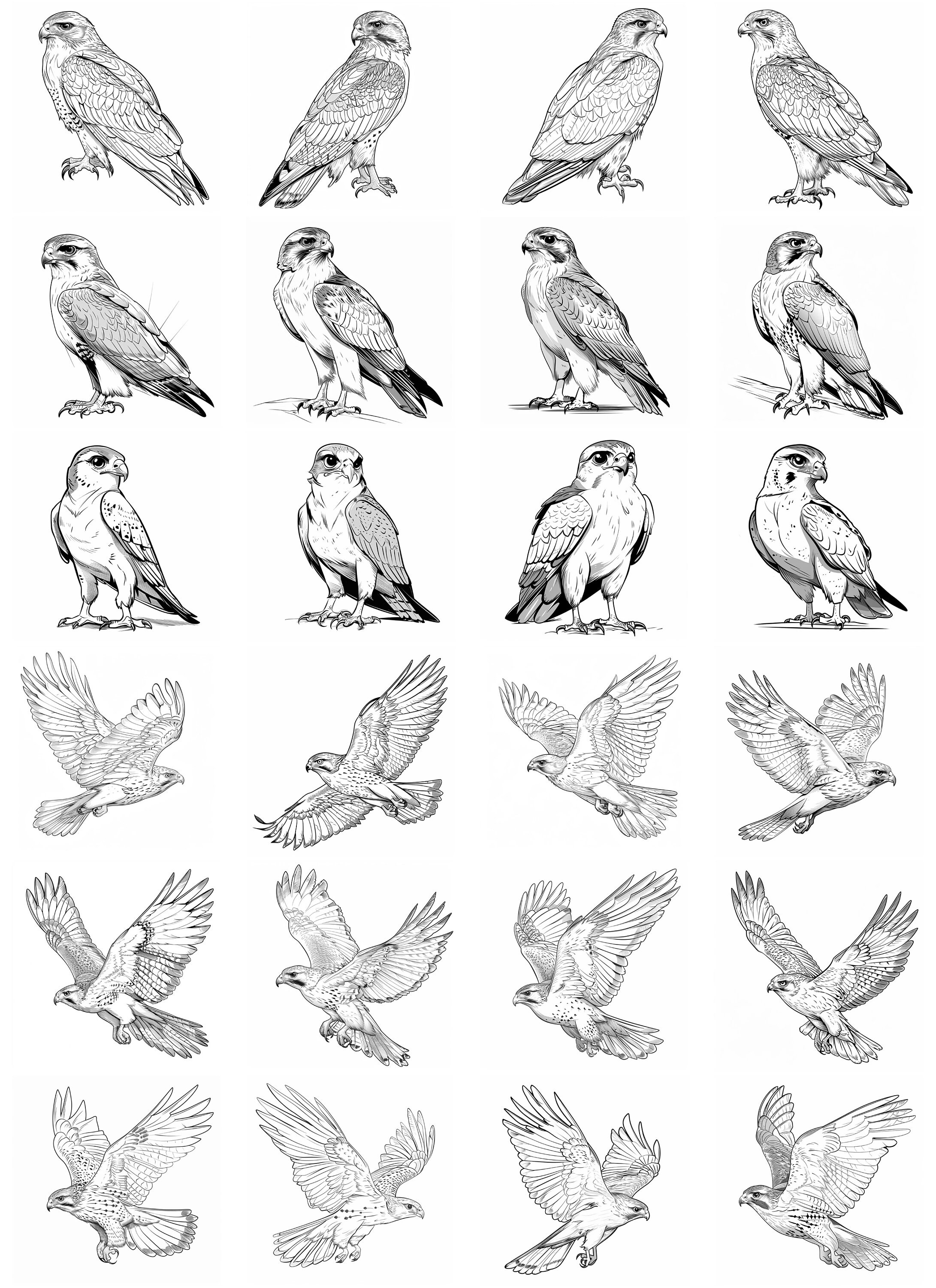 Hawk Realistic Line Art Illustration Black and White Bundle 1 96 ...
